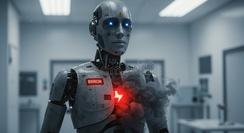 Futuristic Robot Malfunction with Red Warning Light in Laboratory ...