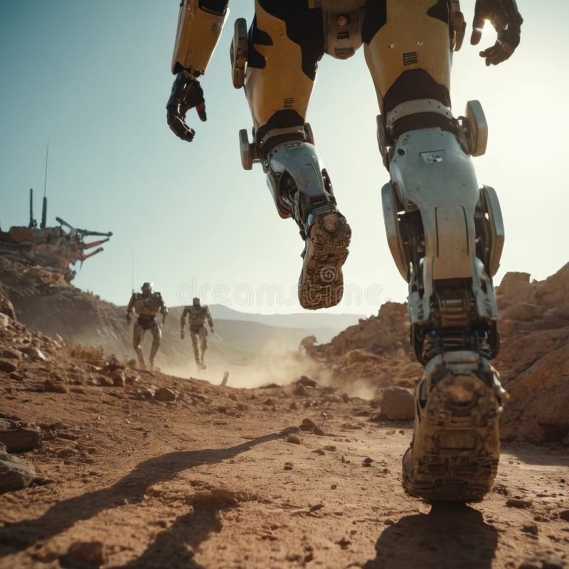 Futuristic Robot March in Desolate Terrain Stock Photo - Image of ...
