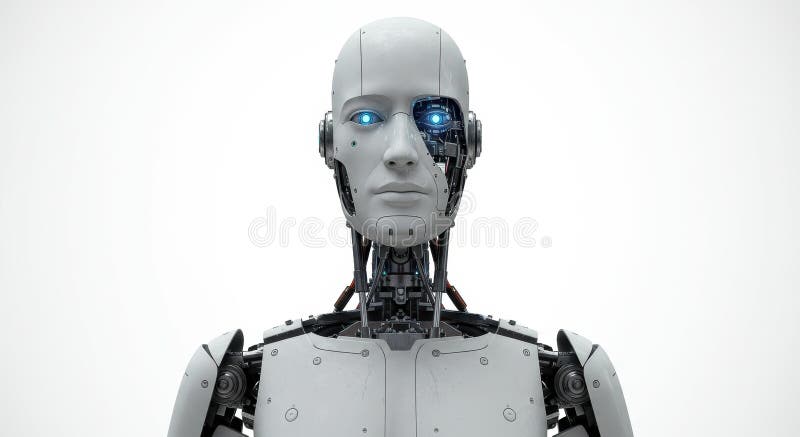 Futuristic Robot with Mechanical Face and Blue Eye on White Background ...