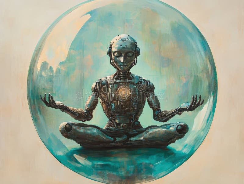 Futuristic Robot Meditating Inside a Glowing Sphere Stock Image - Image ...