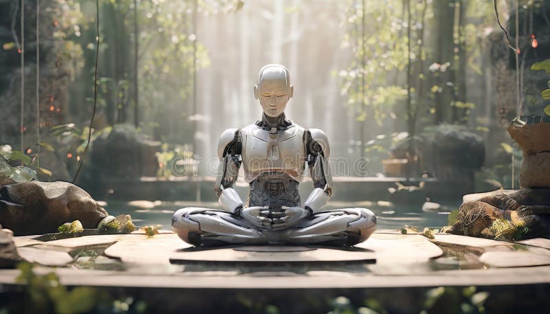 Futuristic Robot Meditating in a Tranquil Forest Setting Stock Image ...