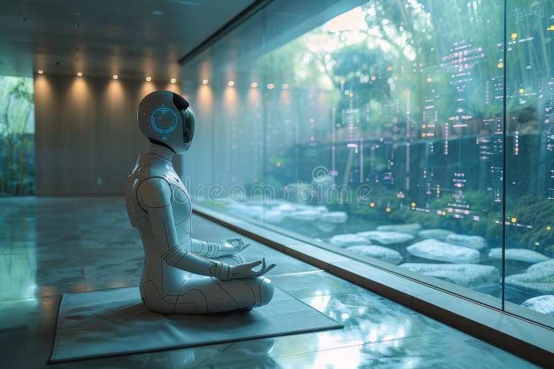 Futuristic Robot Meditating in a Tranquil Wellness Center, Showcasing a ...
