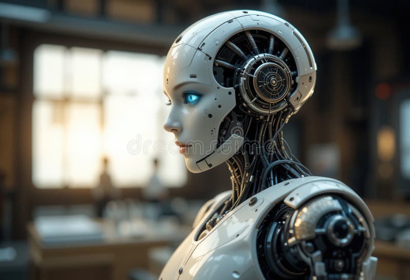 Futuristic Robot Model Showcased in a Modern Workshop Space Stock ...