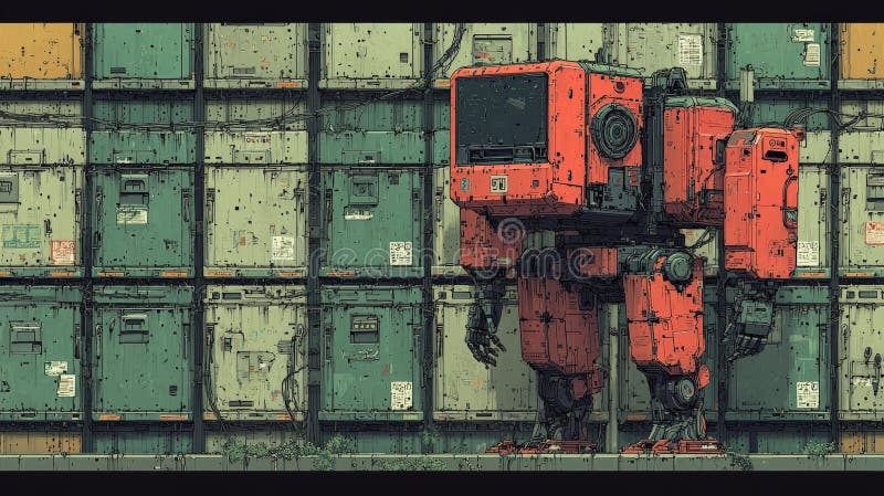 Futuristic Robot Model in a Warehouse Setting with Colorful Storage ...