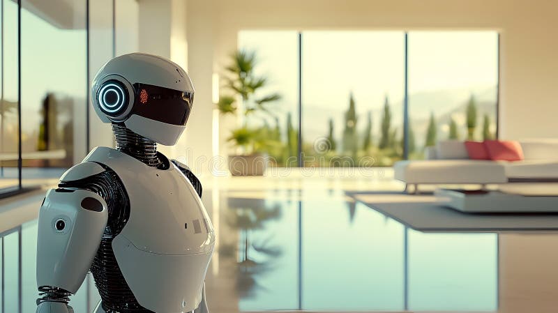 Futuristic Robot in Modern Living Room with Scenic View Stock Image ...
