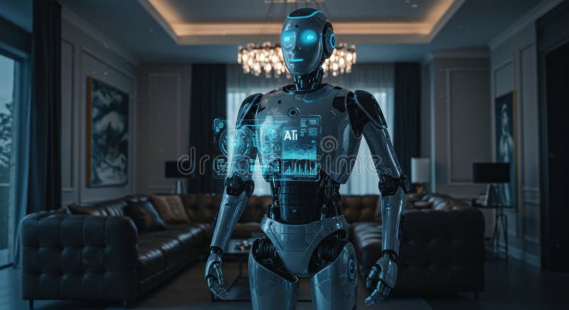 Futuristic Robot in a Modern Living Room Stock Image - Image of display ...
