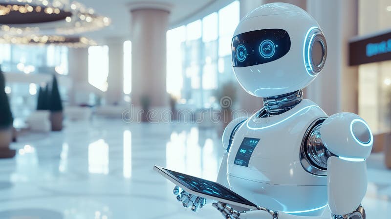 Futuristic Robot in Modern Lobby Holding Tablet with Advanced Interface ...