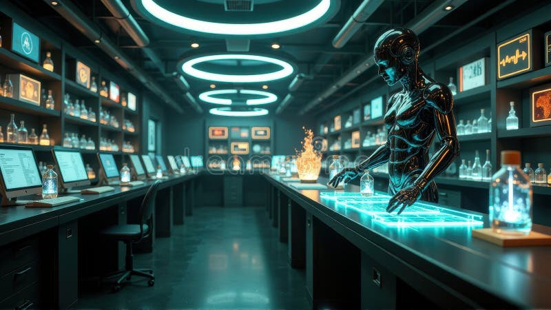Futuristic Robot in a Modern Science Lab Conducting Experiments Stock ...