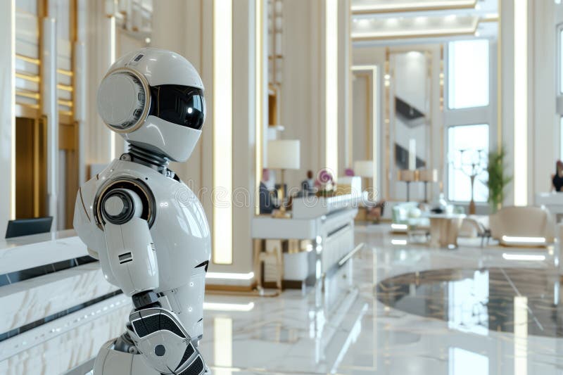 Futuristic Robot in a Modern, Sleek Hotel Lobby with High-tech Decor ...