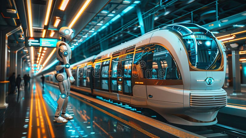 Futuristic Robot at a Modern Train Station Stock Image - Image of ...