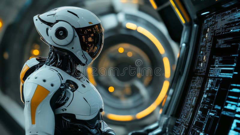 Futuristic Robot Monitoring a Complex System Stock Illustration ...