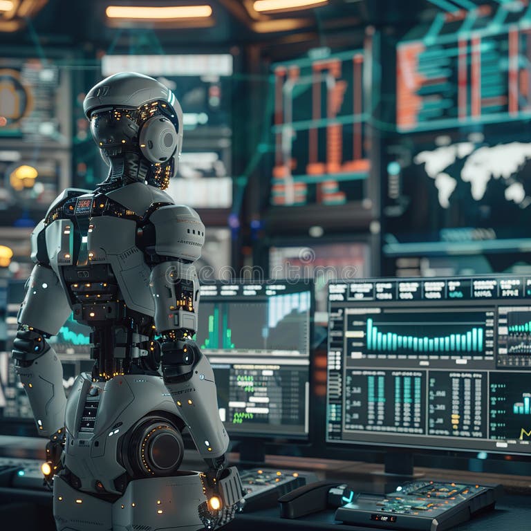 Futuristic Robot Monitoring Data on Multiple Screens in a Control Room Stock Image - Image of ...