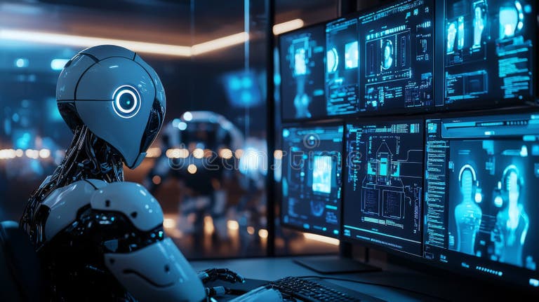 A Futuristic Robot Monitors Multiple Screens in a High-tech Control ...
