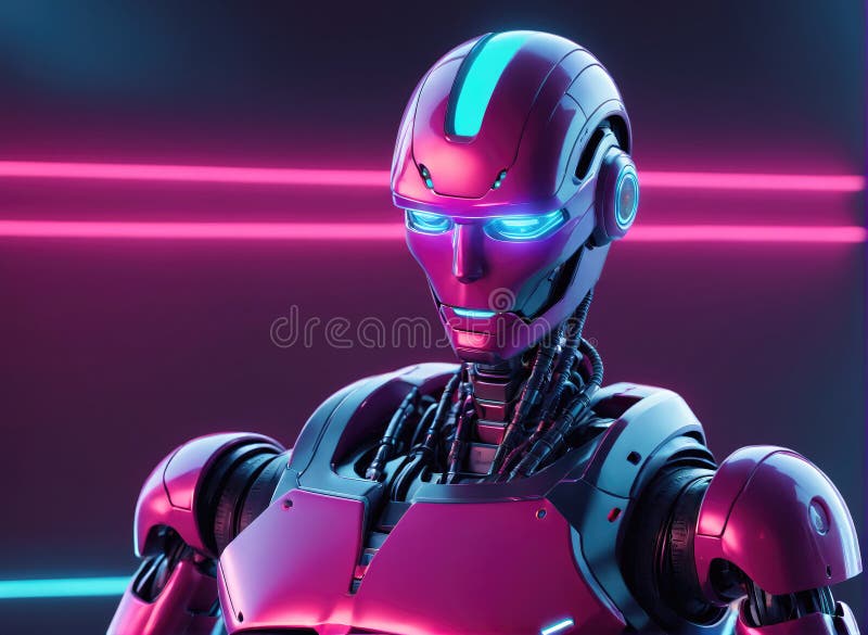 Futuristic Robot with Neon Lighting Poses in a Dark Studio Environment ...