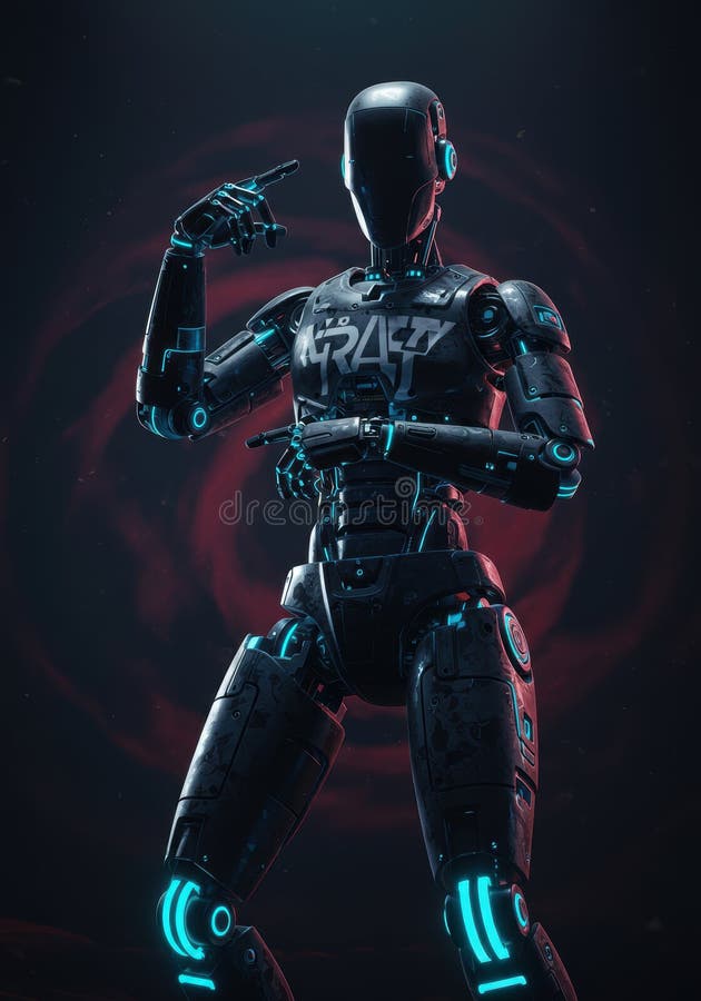 Futuristic Robot with Neon Lights and Graffiti Design in Dynamic Pose ...