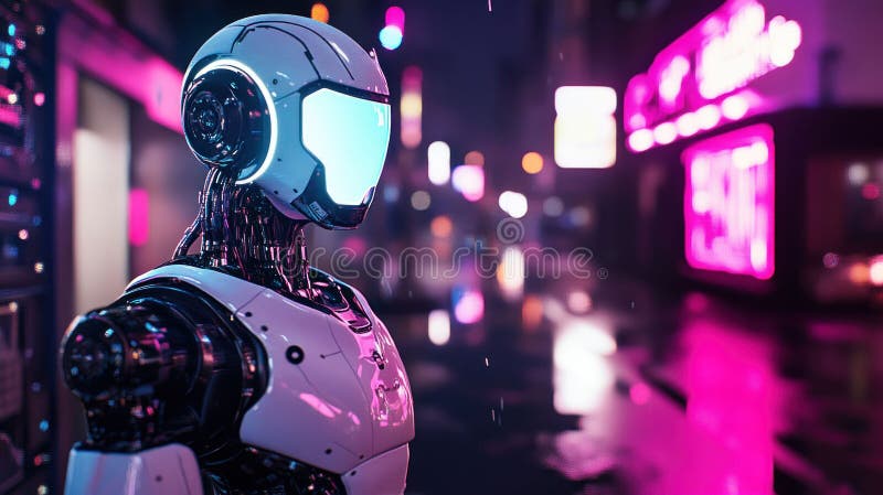 Futuristic Robot in Neon-lit Cityscape. Generative Ai Stock ...