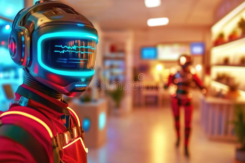 Futuristic Robot in Neon-lit Room with Holographic Displays Stock Image ...