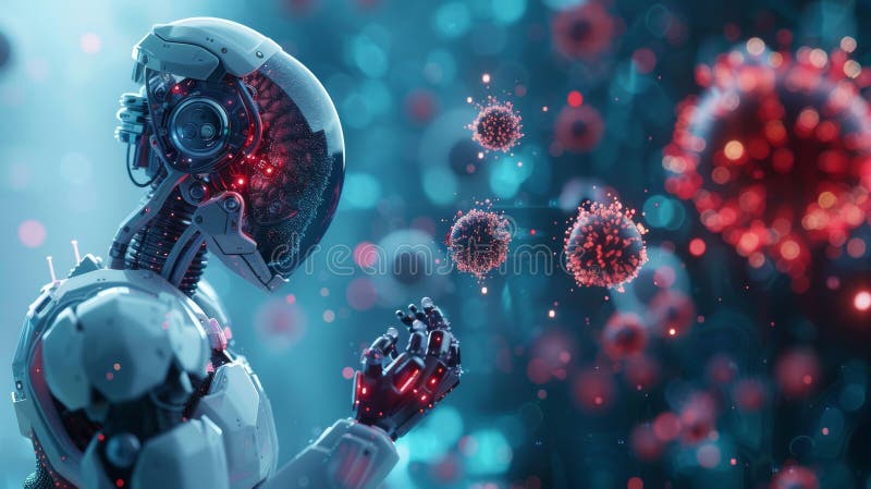 A Futuristic Robot Observes a Cluster of Virus Cells in a Digitally ...