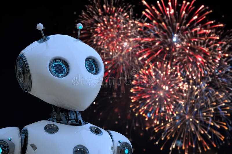 Futuristic Robot Observes Vibrant Fireworks Display in Night Sky. Stock ...
