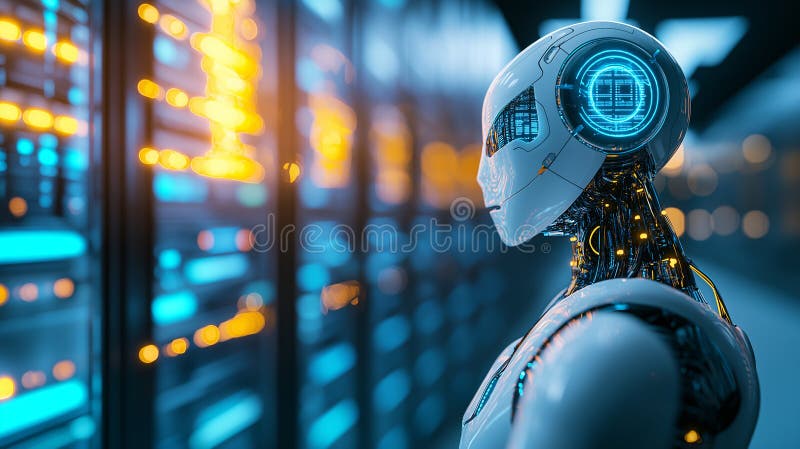 Futuristic Robot Observing Data Center Filled with Glowing Servers ...