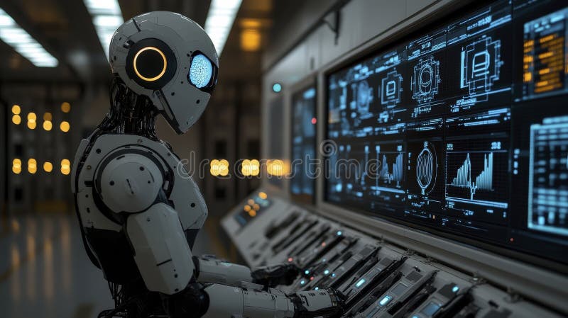 Futuristic Robot Operates Control Panel Interface Stock Illustration ...