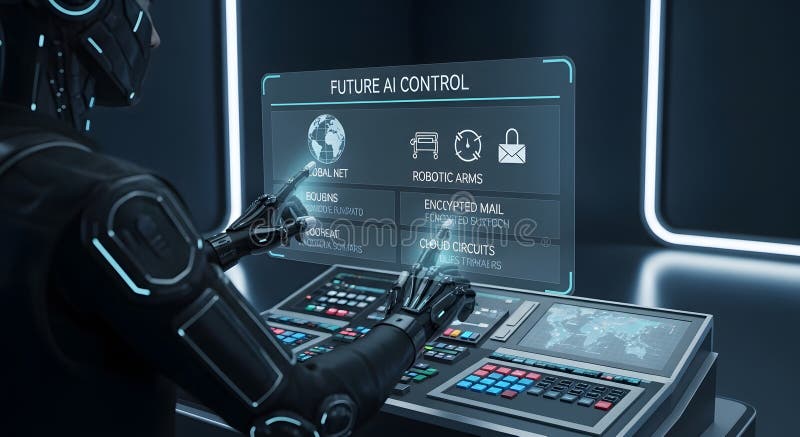 Advanced Robot Operates Futuristic Control Panel System Stock Photos ...