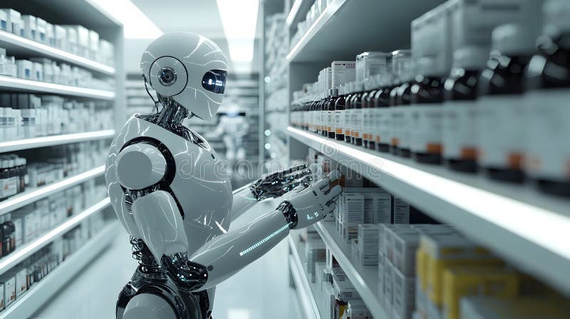 Futuristic Robot Organizing Pharmacy Shelf in Modern Store Aisle Stock ...