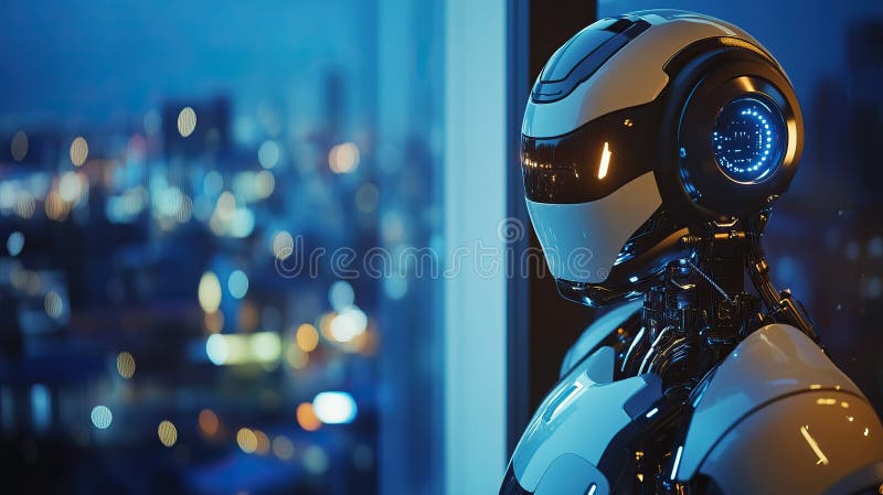 Futuristic Robot Overlooking City at Night with Illuminated Lights ...