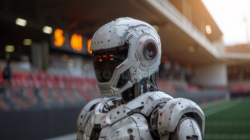 Futuristic Robot Overlooking a Stadium at Dusk Stock Image - Image of ...