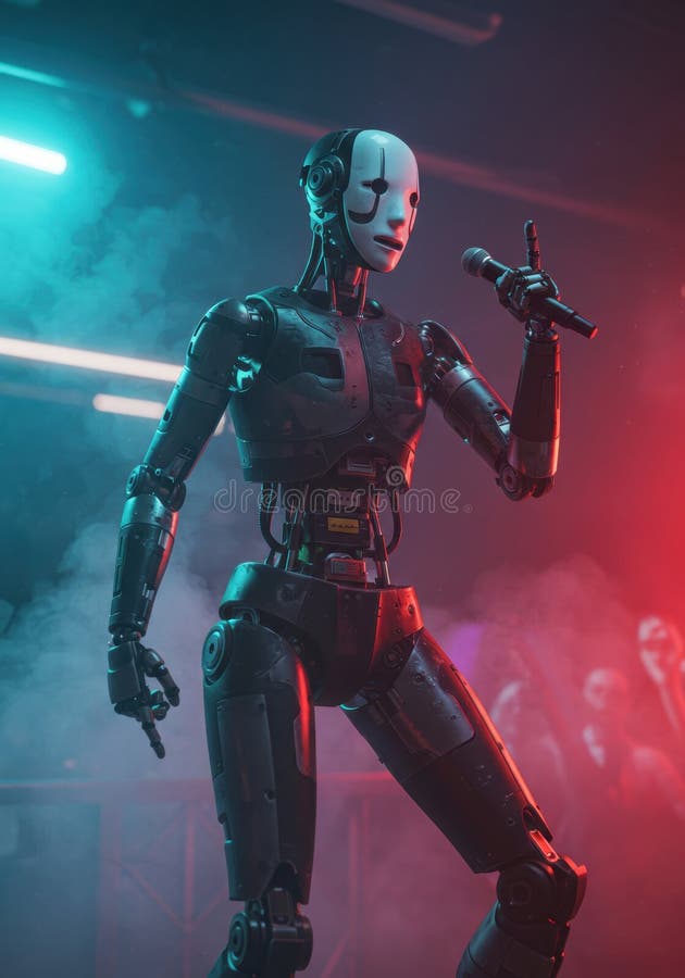 Futuristic Robot Performing on Stage with Microphone and Neon Lights ...