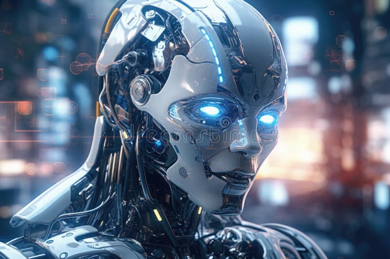 Futuristic Robot with Piercing Glowing Eyes on the Background of a ...