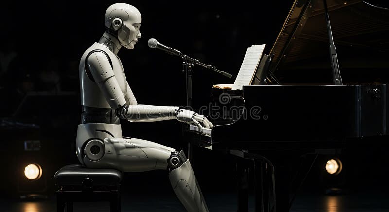 Robot Playing Piano on Stage with Microphone and Sheet Music Stock ...