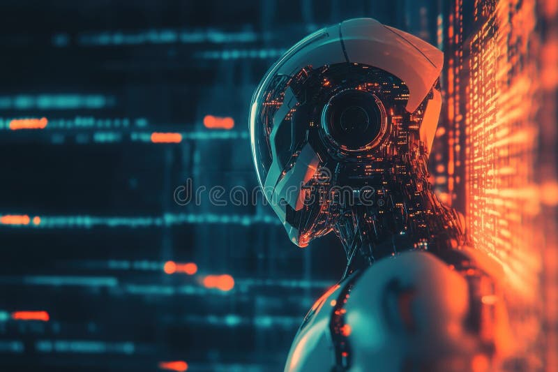 Futuristic Robot Profile Against a Backdrop of Glowing Data Streams at ...