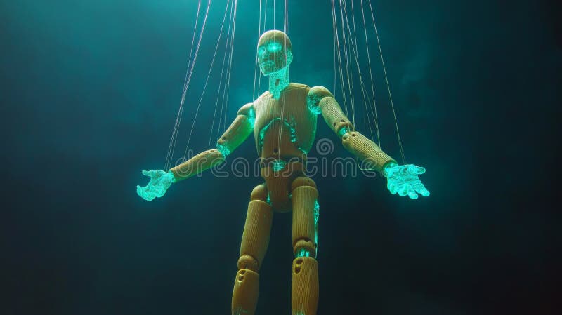 Futuristic Robot Puppet Controlled by Strings in Neon Lighting Stock ...