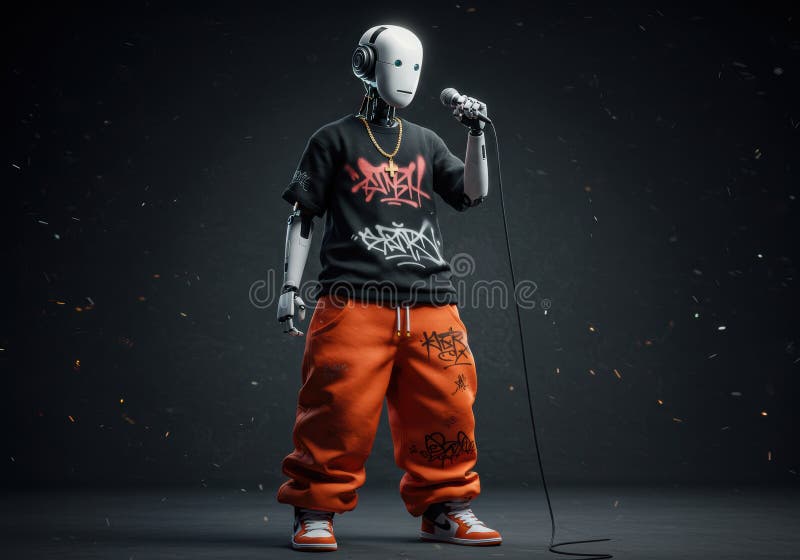 Futuristic Robot Rapper with Graffiti Fashion Holding Microphone on ...