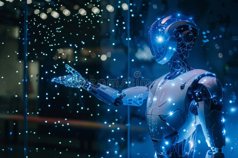 A Futuristic Robot Reaches Out Towards Floating Digital Particles ...