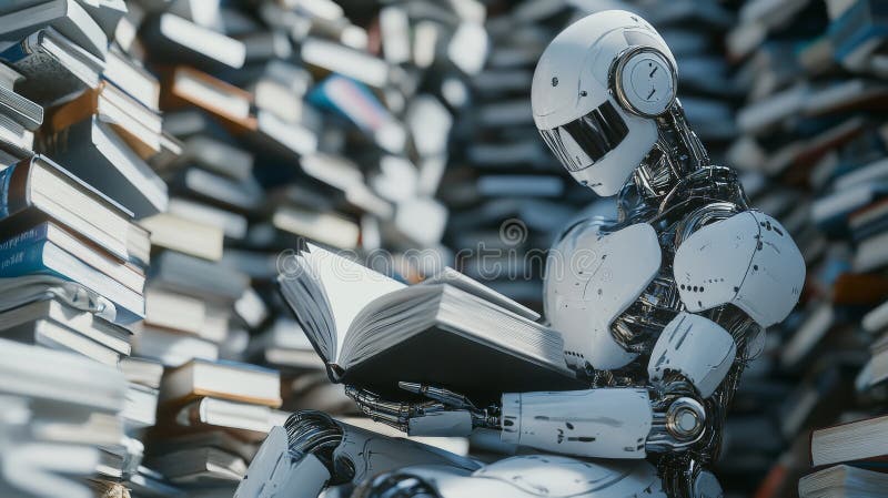 Futuristic Robot Reading Book in a Library of Stacked Books Stock Photo ...
