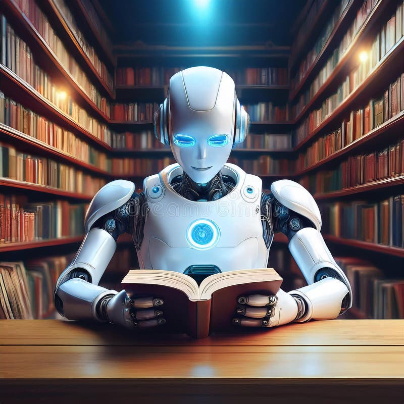 Futuristic Robot Reading Book in Modern Library Setting. AI Content ...