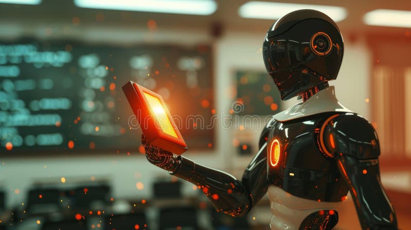 Futuristic Robot Reading Digital Tablet in Classroom Stock Image ...