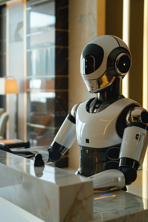 Futuristic Robot Receptionist at a Modern, High-tech Hotel Front Desk ...