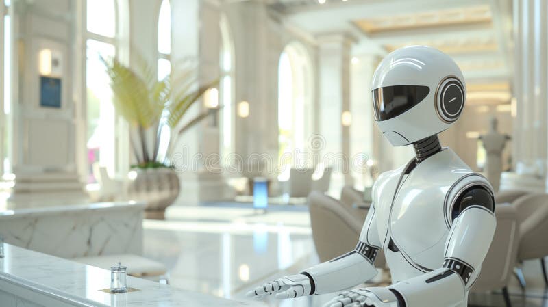 Futuristic Robot Receptionist in Modern Luxurious Hotel Lobby with ...