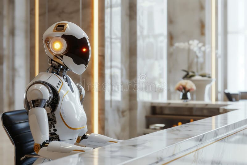 Futuristic Robot Receptionist Sitting at a Luxurious Marble Desk in a ...