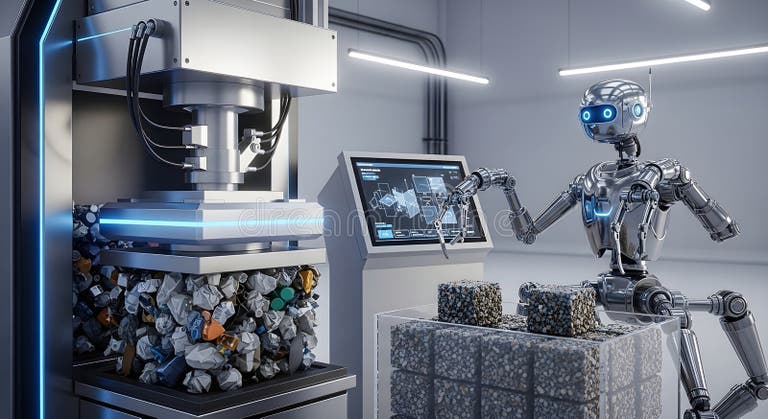 Futuristic Robot in a Recycling Facility, Processing Waste into Compact ...