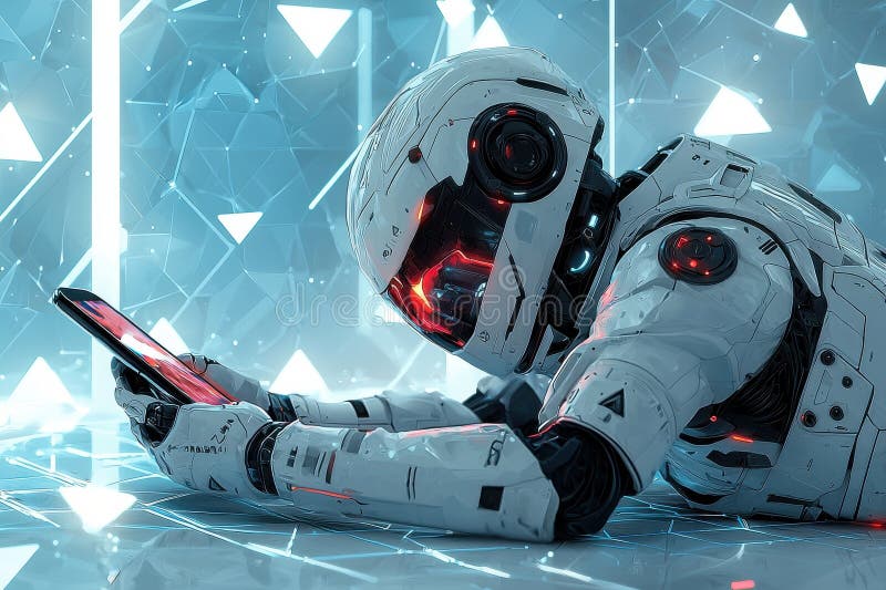 Futuristic Robot Relaxing and Using Technology in a Stylized Immersive ...