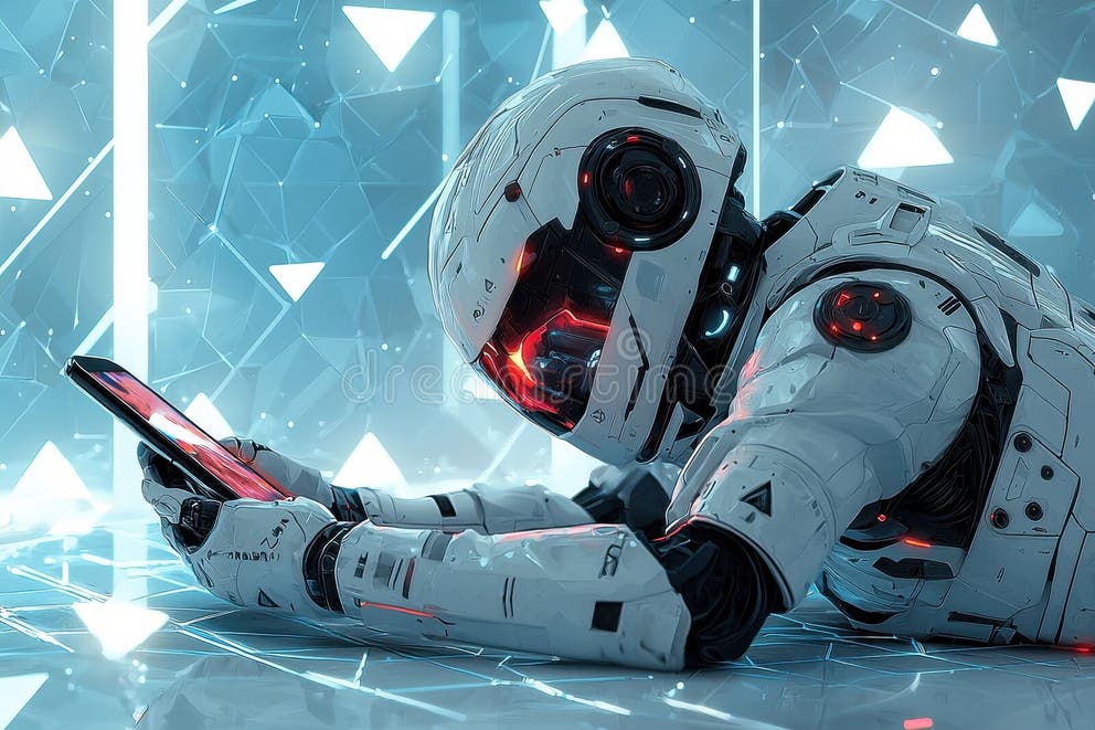 Futuristic Robot Relaxing and Using Technology in a Stylized Immersive ...