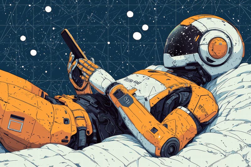 Futuristic Robot Relaxing and Using Technology in a Stylized Immersive ...