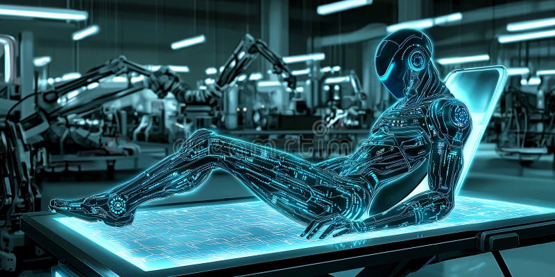 Futuristic Robot on Tech Table AI Industry 4 0 Cyborg Automation Stock Illustration ...