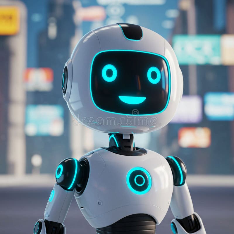 A Futuristic Robot with a Rounded Head and Friendly Digital Face ...
