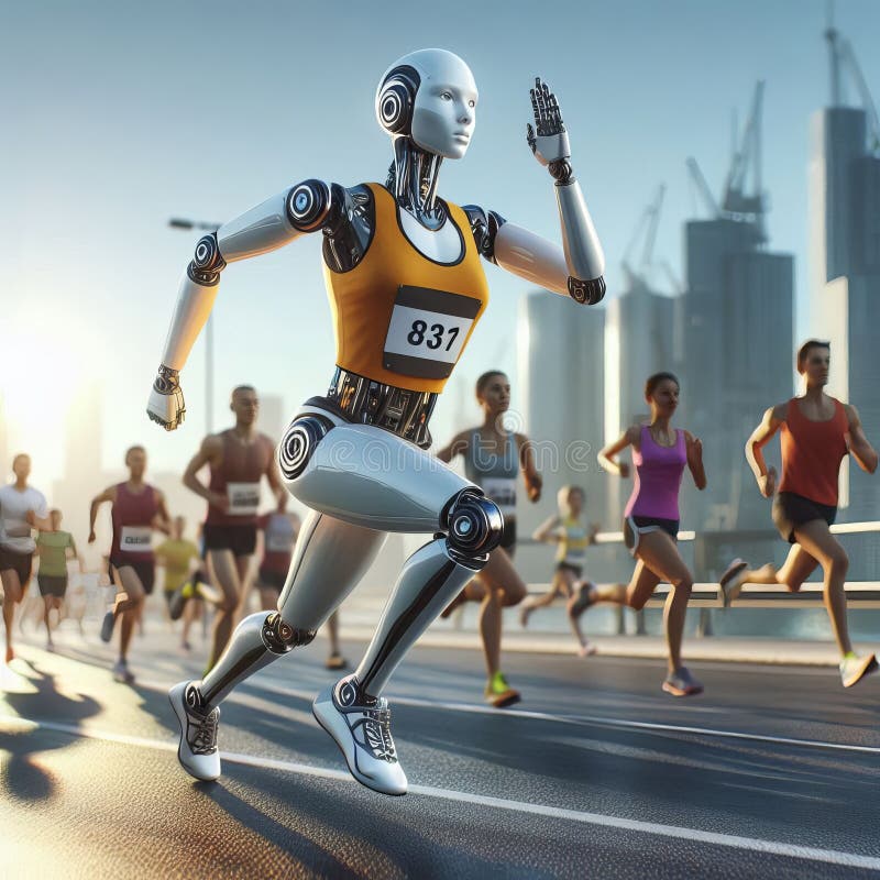 Futuristic Robot Runner in a Marathon Race Stock Image - Image of race ...