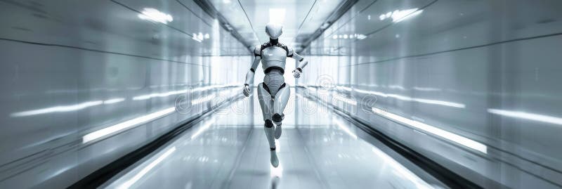 Futuristic Robot Running through a High-tech Corridor. Advanced AI in ...